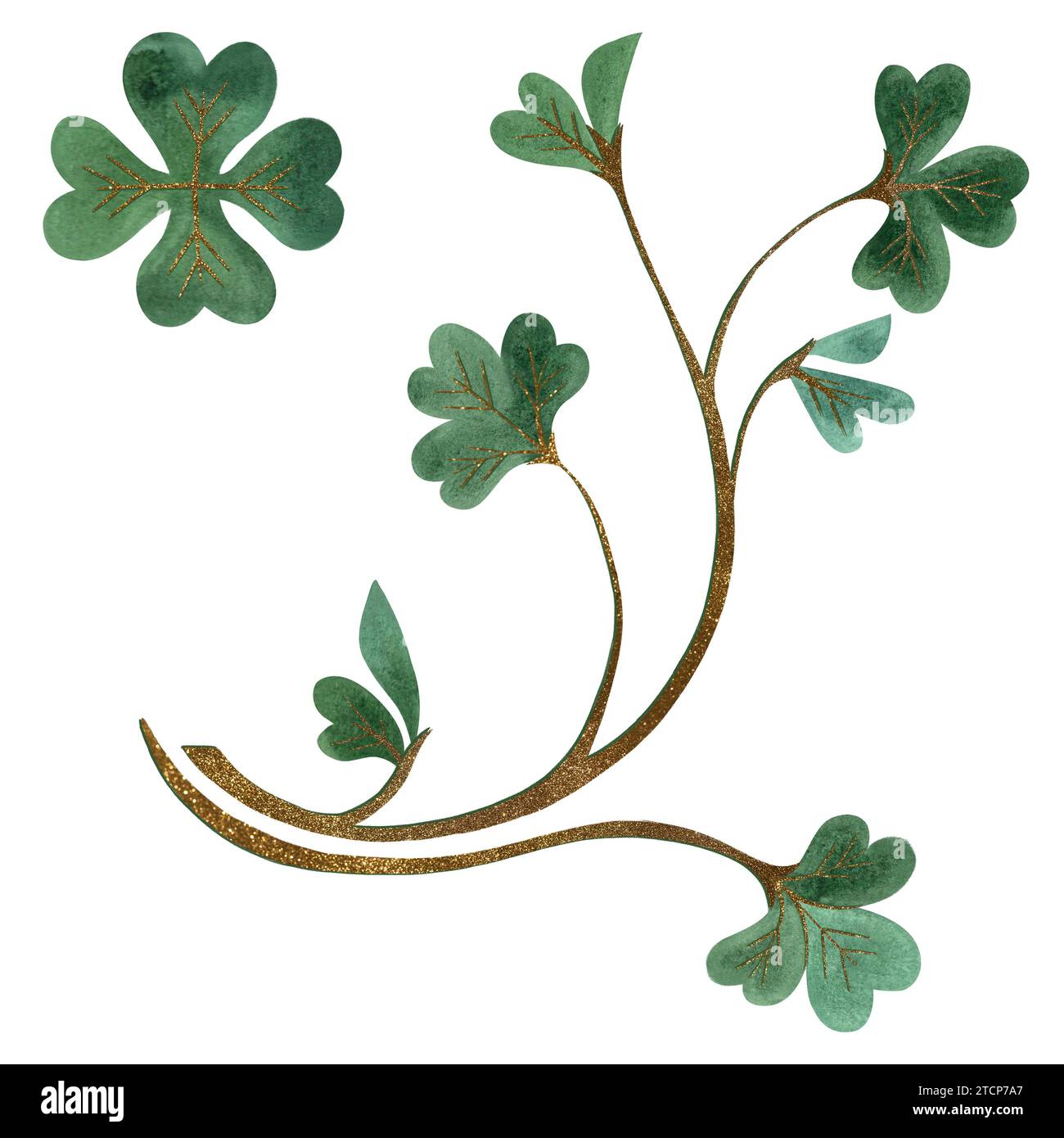 A sprig of green clover with gold veins. Symbol of Ireland. St.Patrick ...