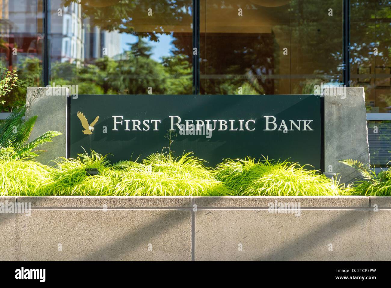 A First Republic Bank sign at one of its offices in Seattle, Washington ...