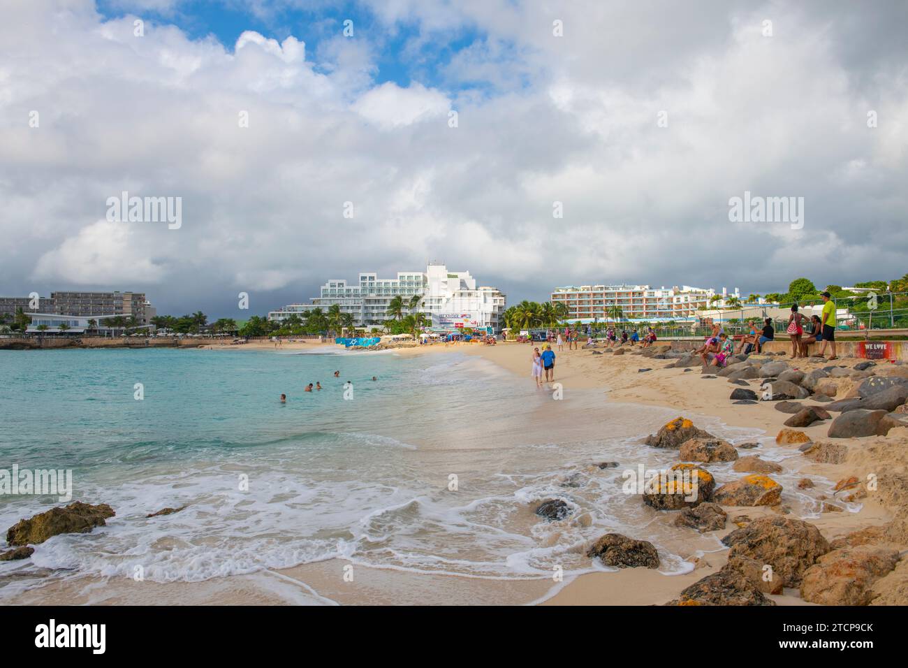 Maho Beach aerial view with people waiting for airplane landing on ...