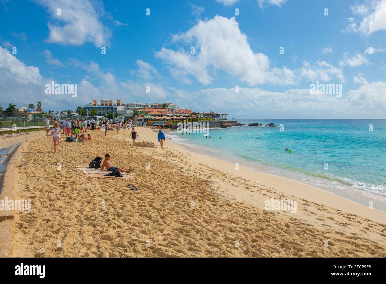 Maho Beach aerial view with people waiting for airplane landing on ...