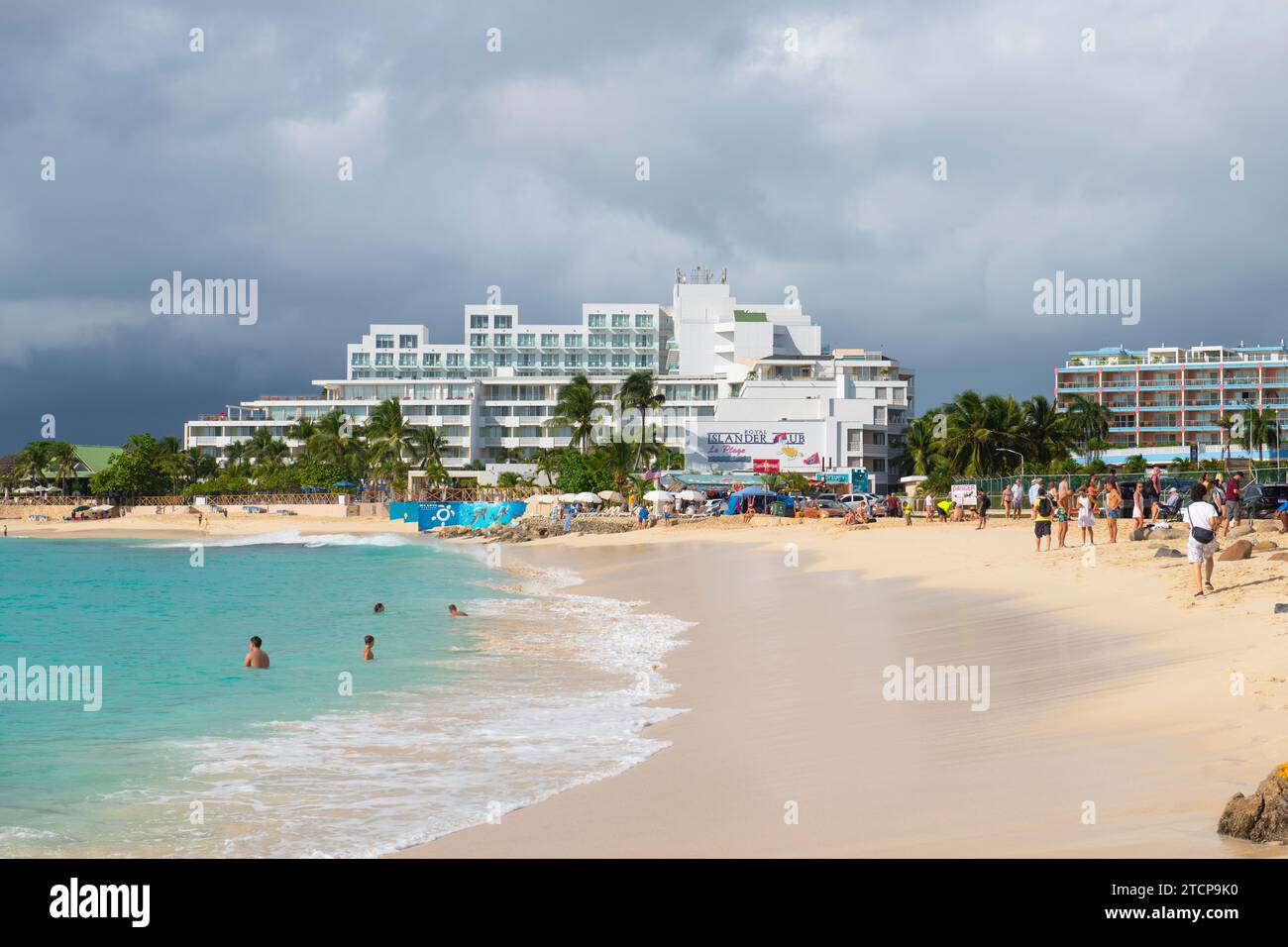 Maho Beach aerial view with people waiting for airplane landing on ...