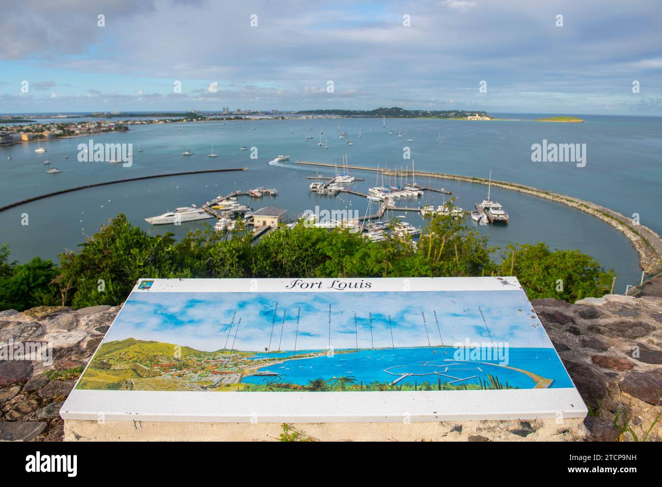 Sign of Baie de la Potence Bay from top of Fort St. Louis in historic ...