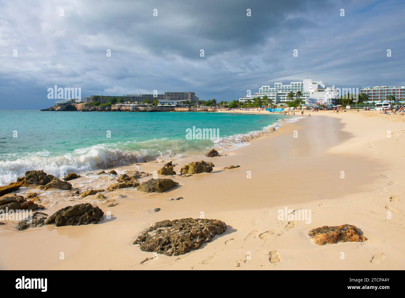 Maho Beach aerial view with people waiting for airplane landing on ...
