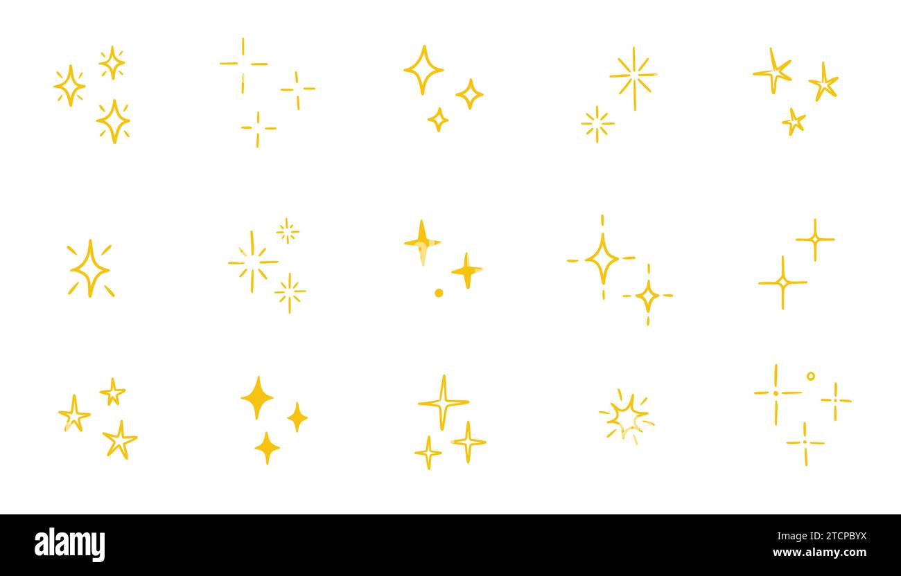 Hand drawn gold star sparkle shine of doodle set. Yellow star shine twinkle glow, spark glitter ...