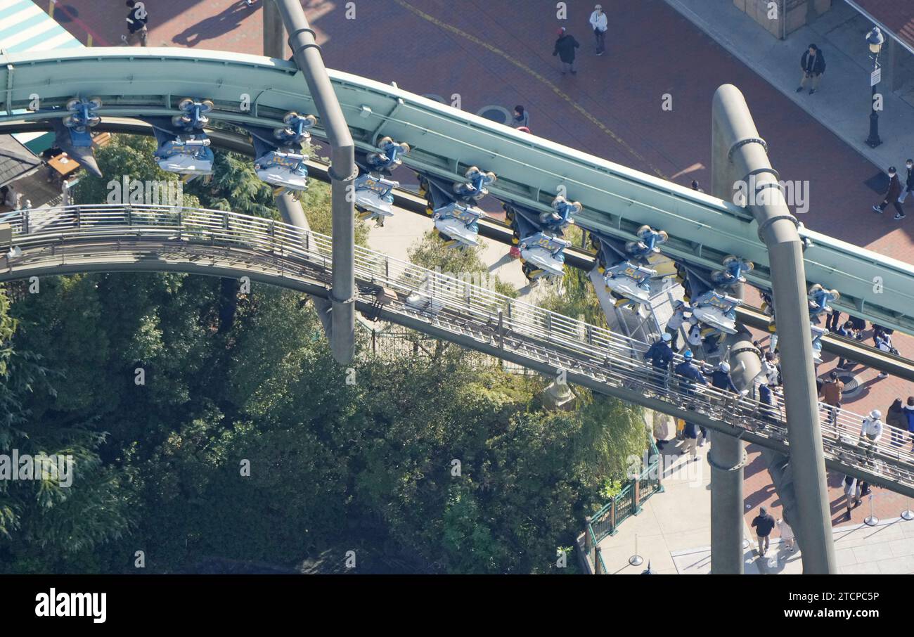 An aerial photo shows "The Flying Dinosaur" stopped at Universal ...