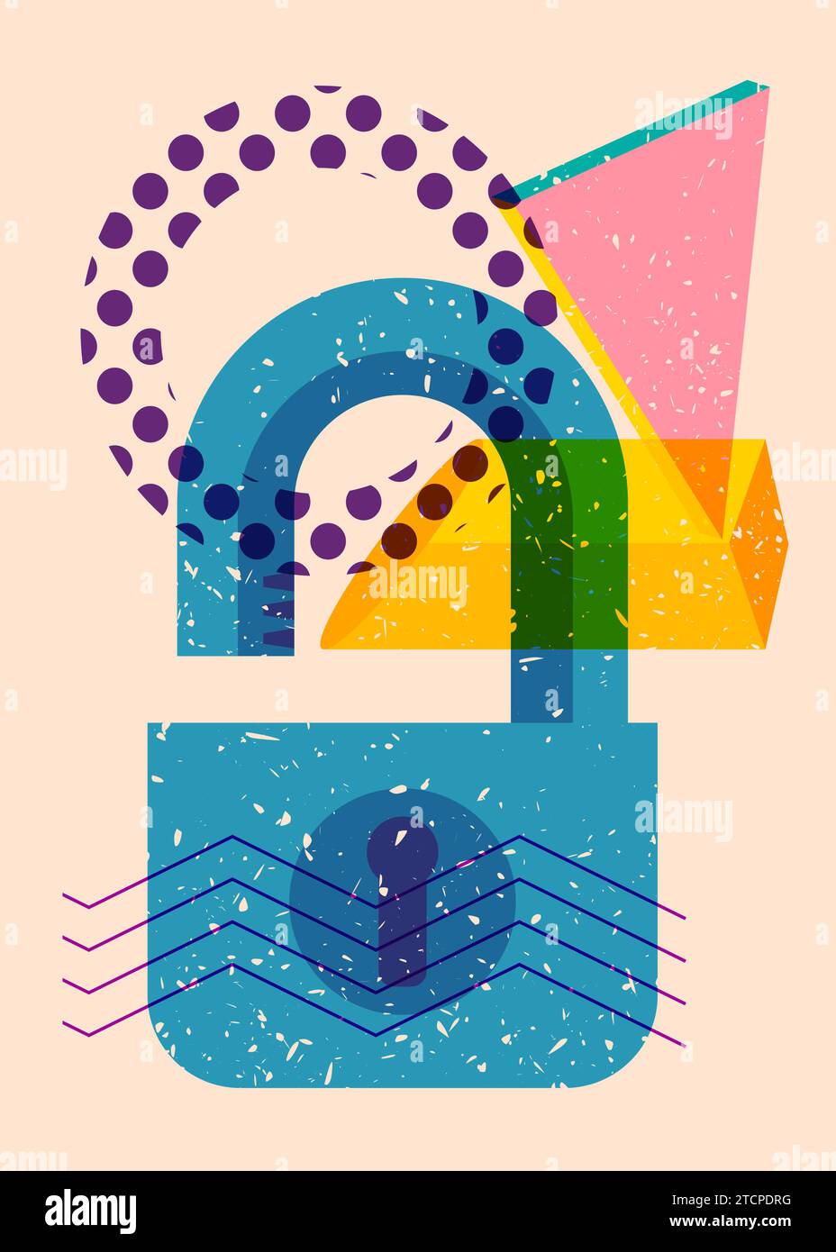 Risograph Padlock with geometric shapes. Objects in trendy riso graph ...