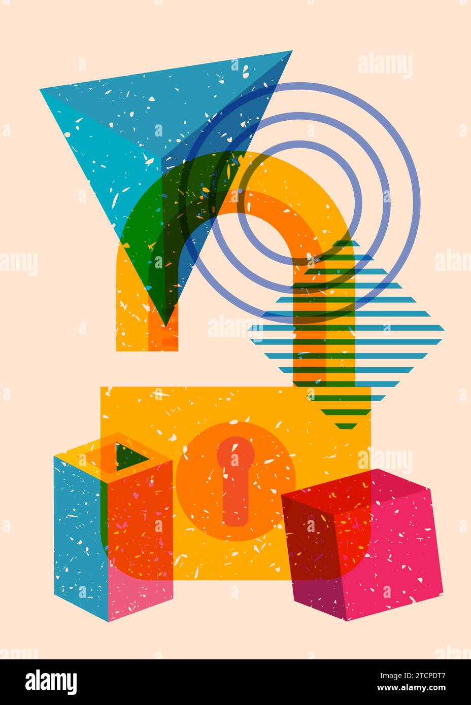 Risograph Padlock with geometric shapes. Objects in trendy riso graph print texture style design ...