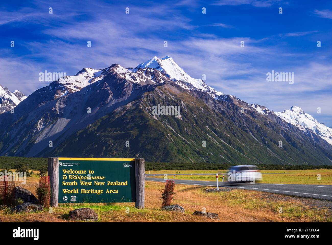 Welcome sign at South West New Zealand World Heritage Area, Aoraki ...
