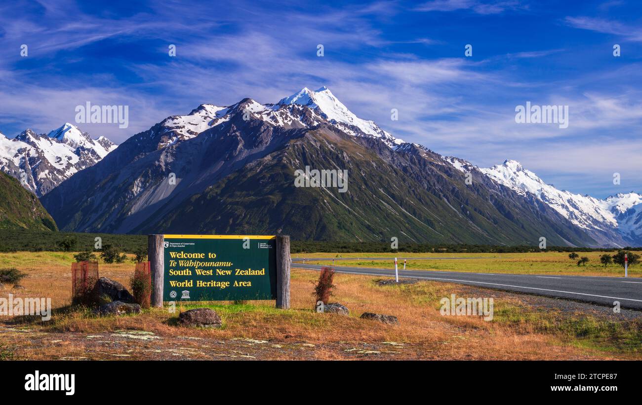 Welcome sign at South West New Zealand World Heritage Area, Aoraki ...