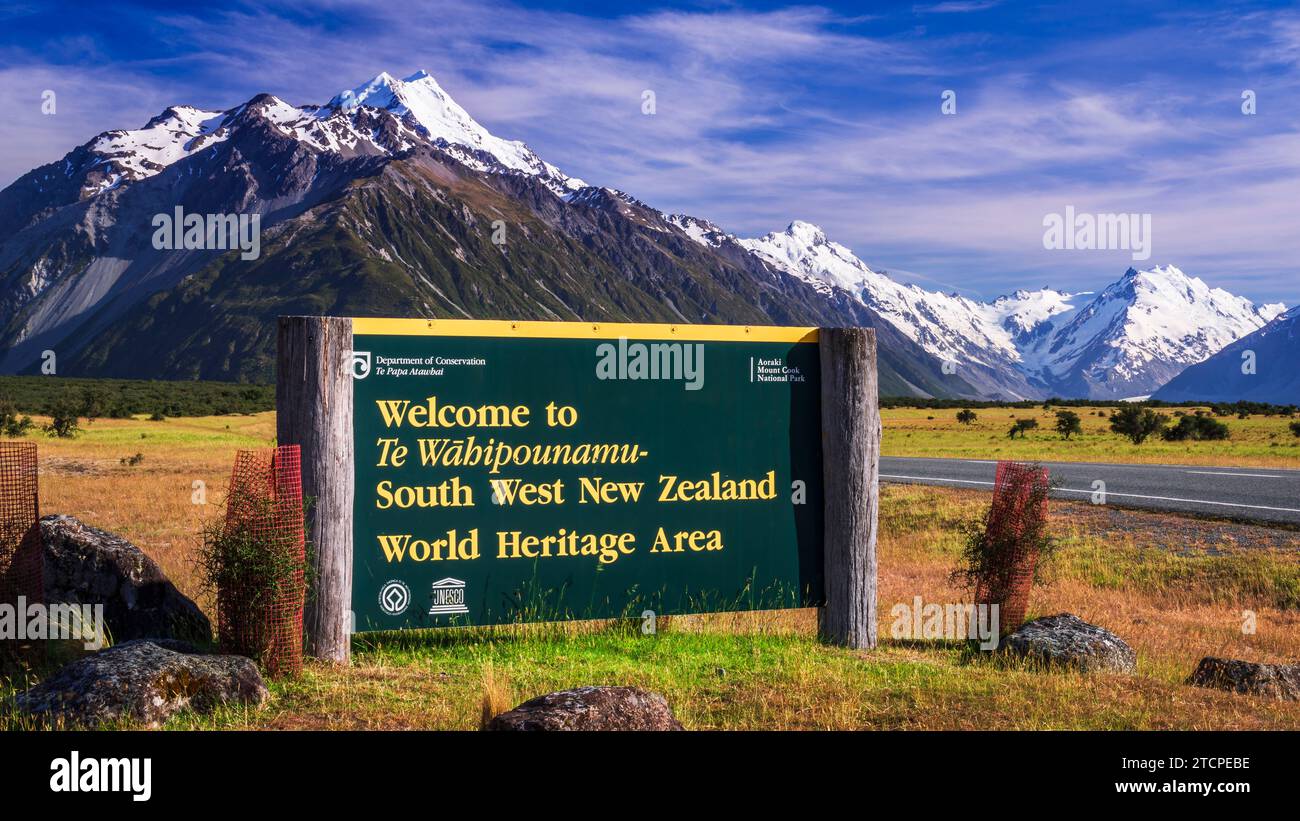 Welcome sign at South West New Zealand World Heritage Area, Aoraki ...