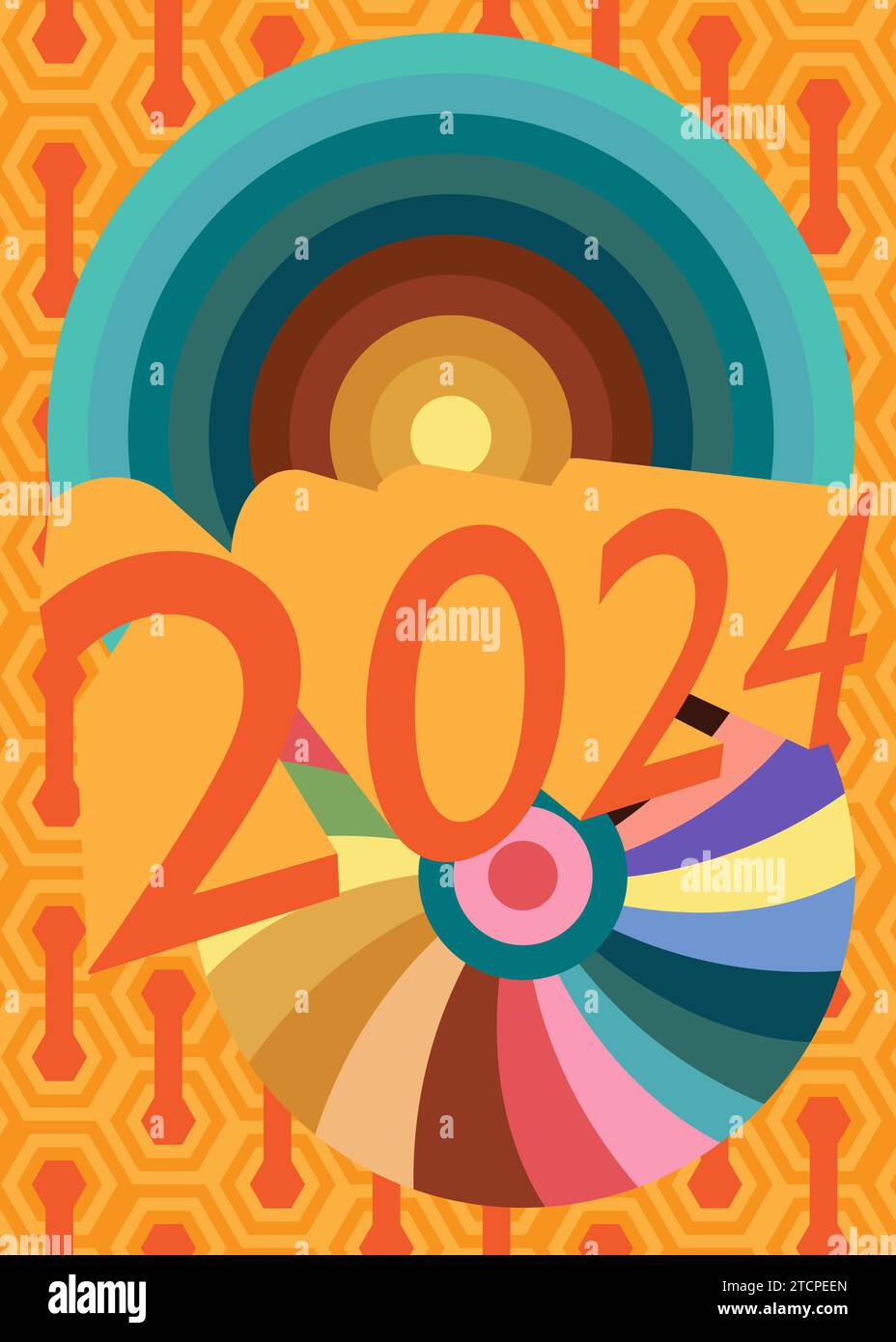 Retro 70s Background with the number 2024. Groovy holiday 1970s art ...