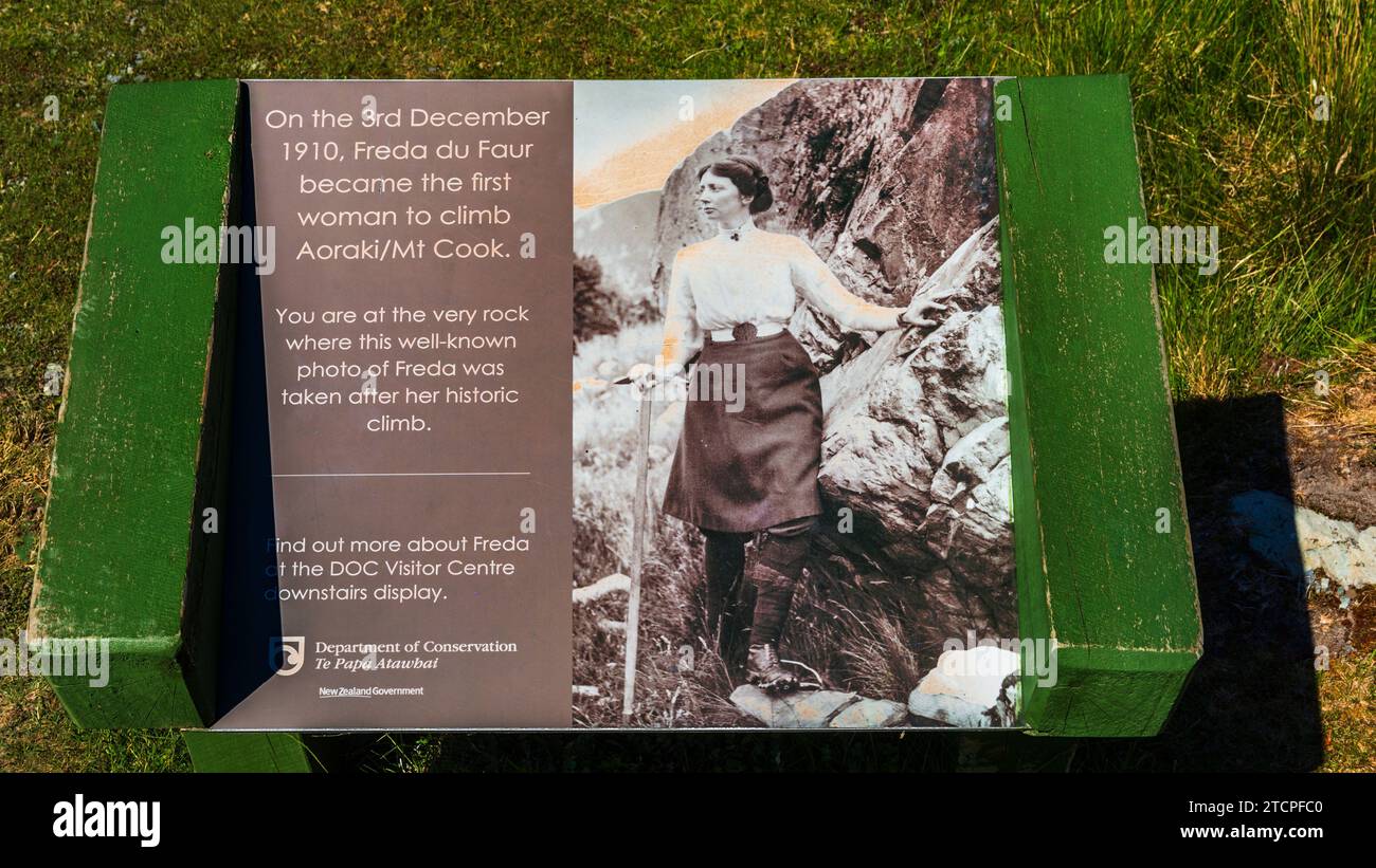 Interpretive sign for Freda du Faur (first woman to climb Mount Cook ...