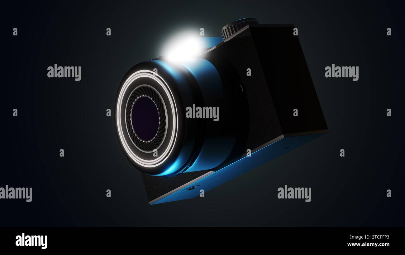 3D rendering of a flashing camera floating in a black background Stock ...