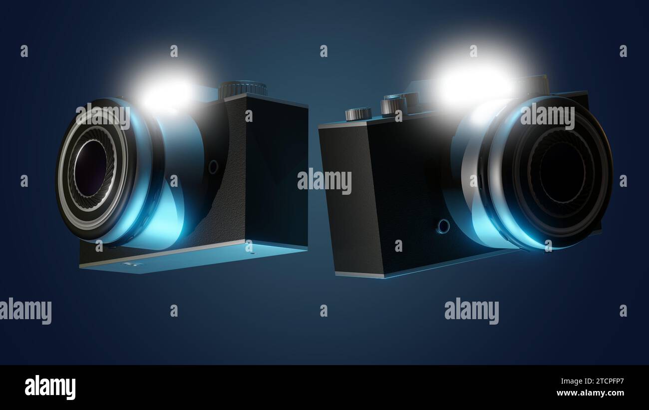3D rendering of two flashing cameras are floating in a black background ...