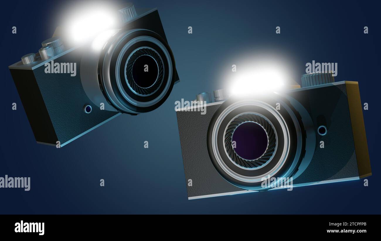 3D rendering of two flashing cameras are floating in a black background ...