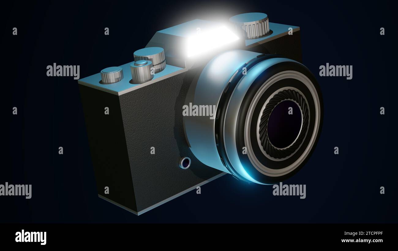 3D rendering of two flashing cameras are floating in a black background ...
