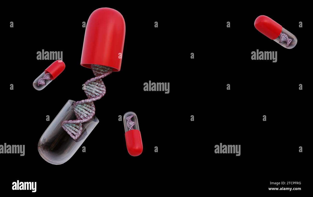 A 3D rendering depicts a DNA helix encapsulated within a drug capsule ...