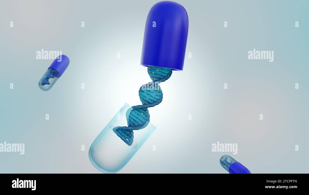 A 3D rendering depicts a DNA helix encapsulated within a drug capsule ...