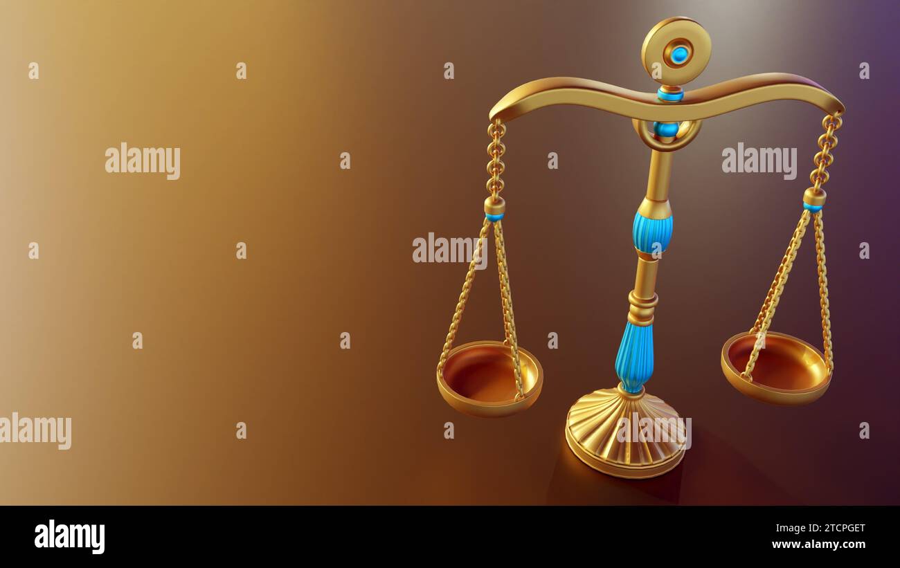 Gold scale with blue beads, balanced on a brown background. A symbol of ...
