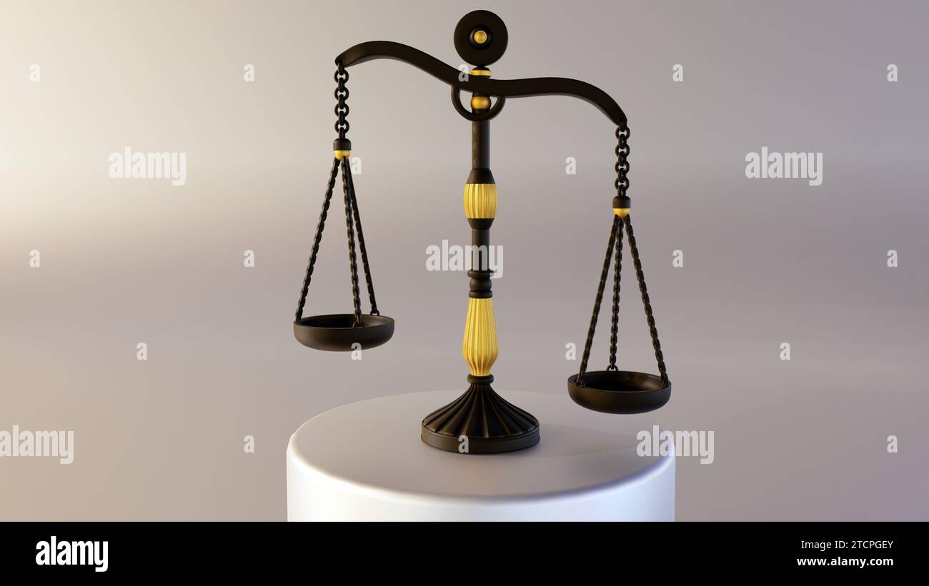 black metal scale with gold beads, balanced on a brown background. A ...