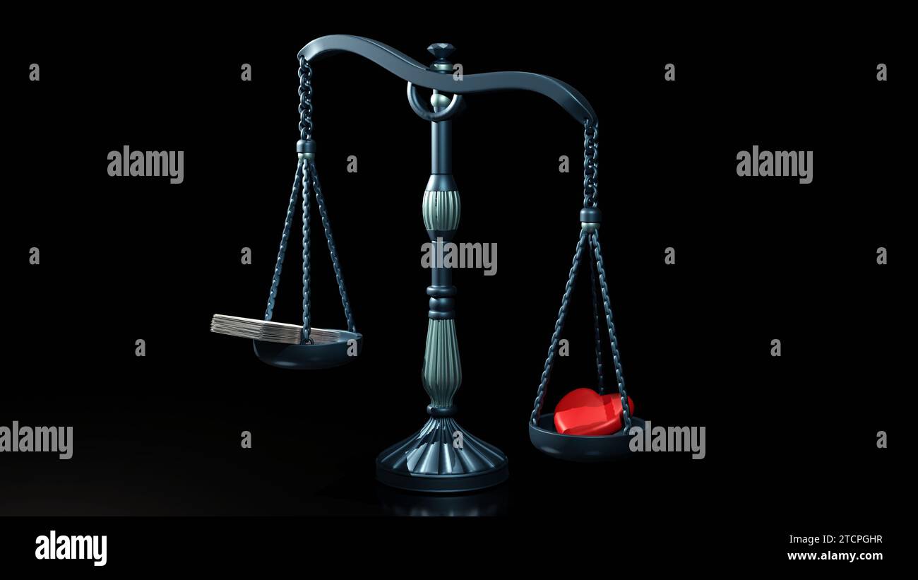 3d rendering of antique scale is balancing stack of money and red heart ...
