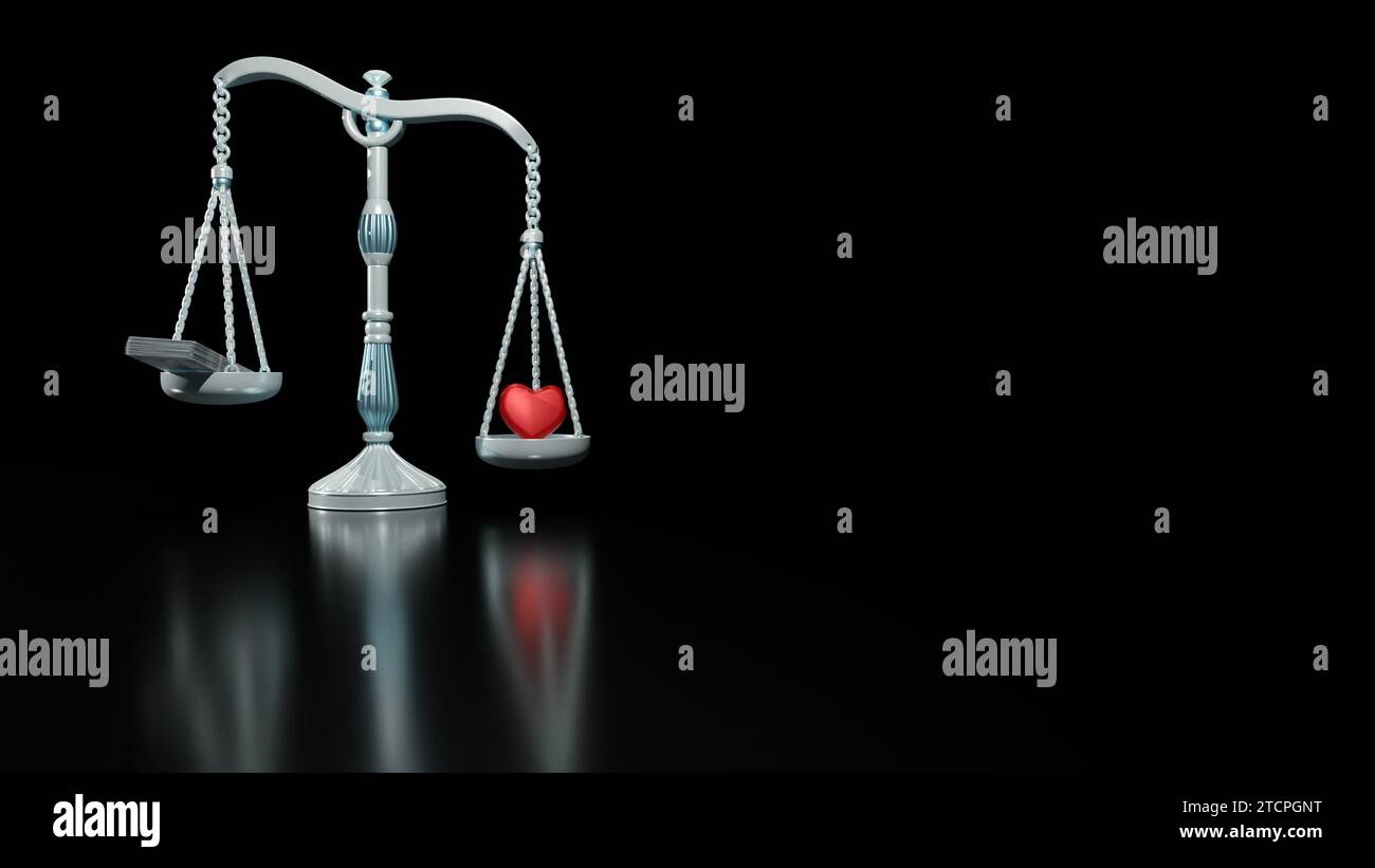 3d rendering of antique scale is balancing stack of money and red heart ...