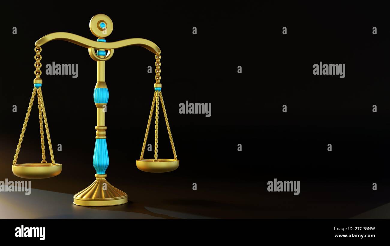 Gold scale with blue beads, balanced on a brown background. A symbol of ...