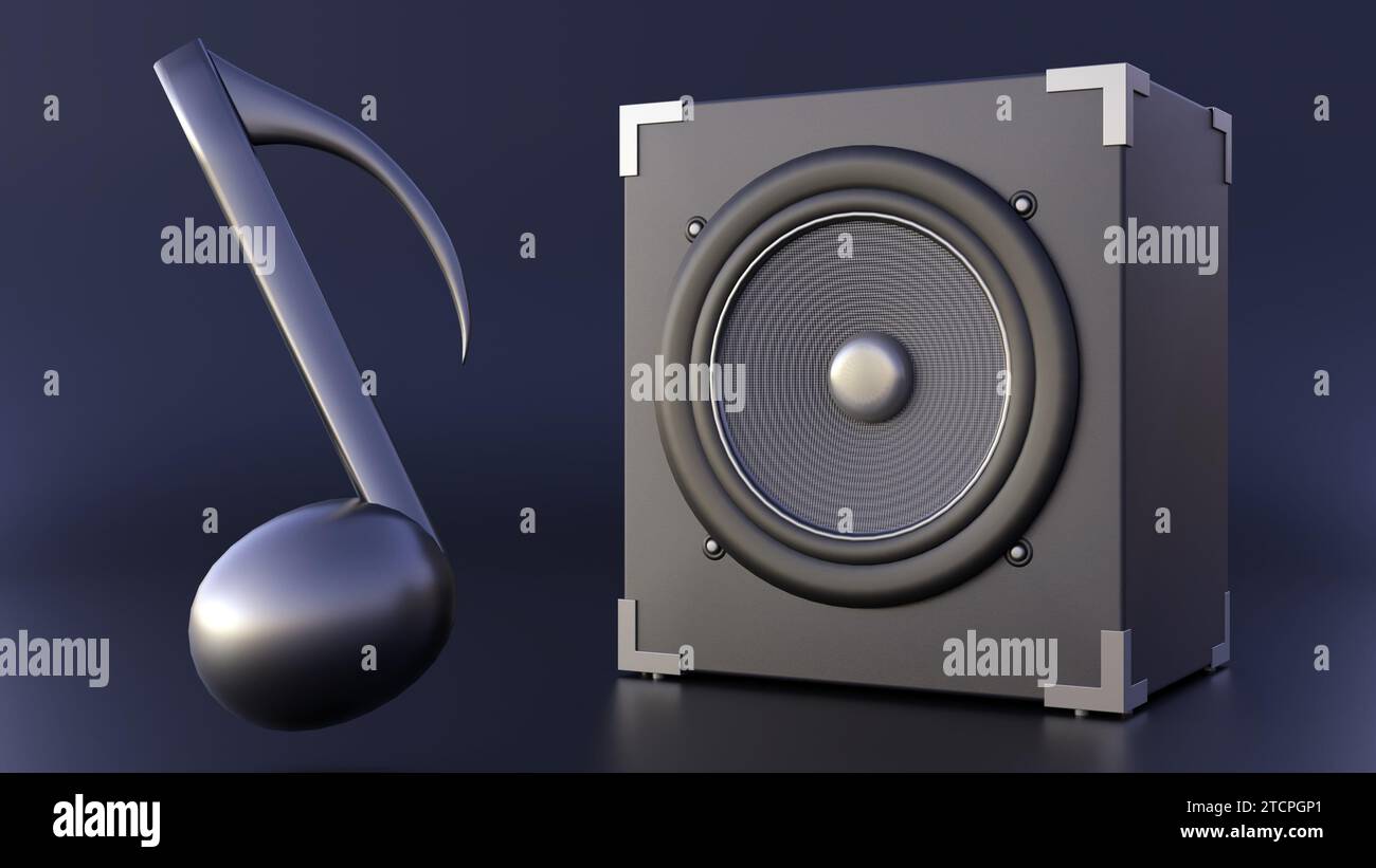 a 3D rendered image of music notes coming out of a speaker. Some of the ...