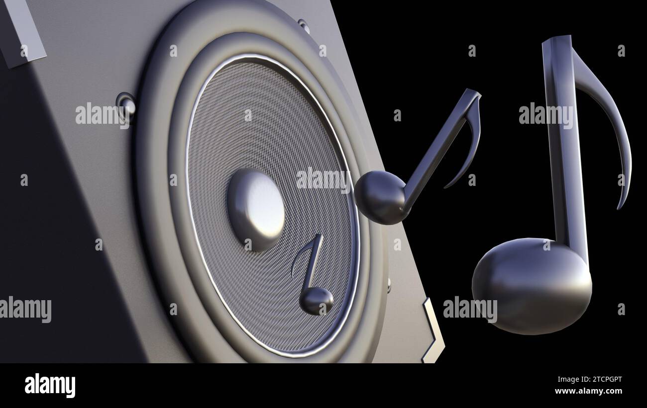 a 3D rendered image of music notes coming out of a speaker. Some of the ...