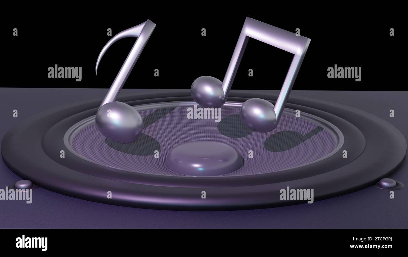 a 3D rendered image of music notes coming out of a speaker. Some of the ...