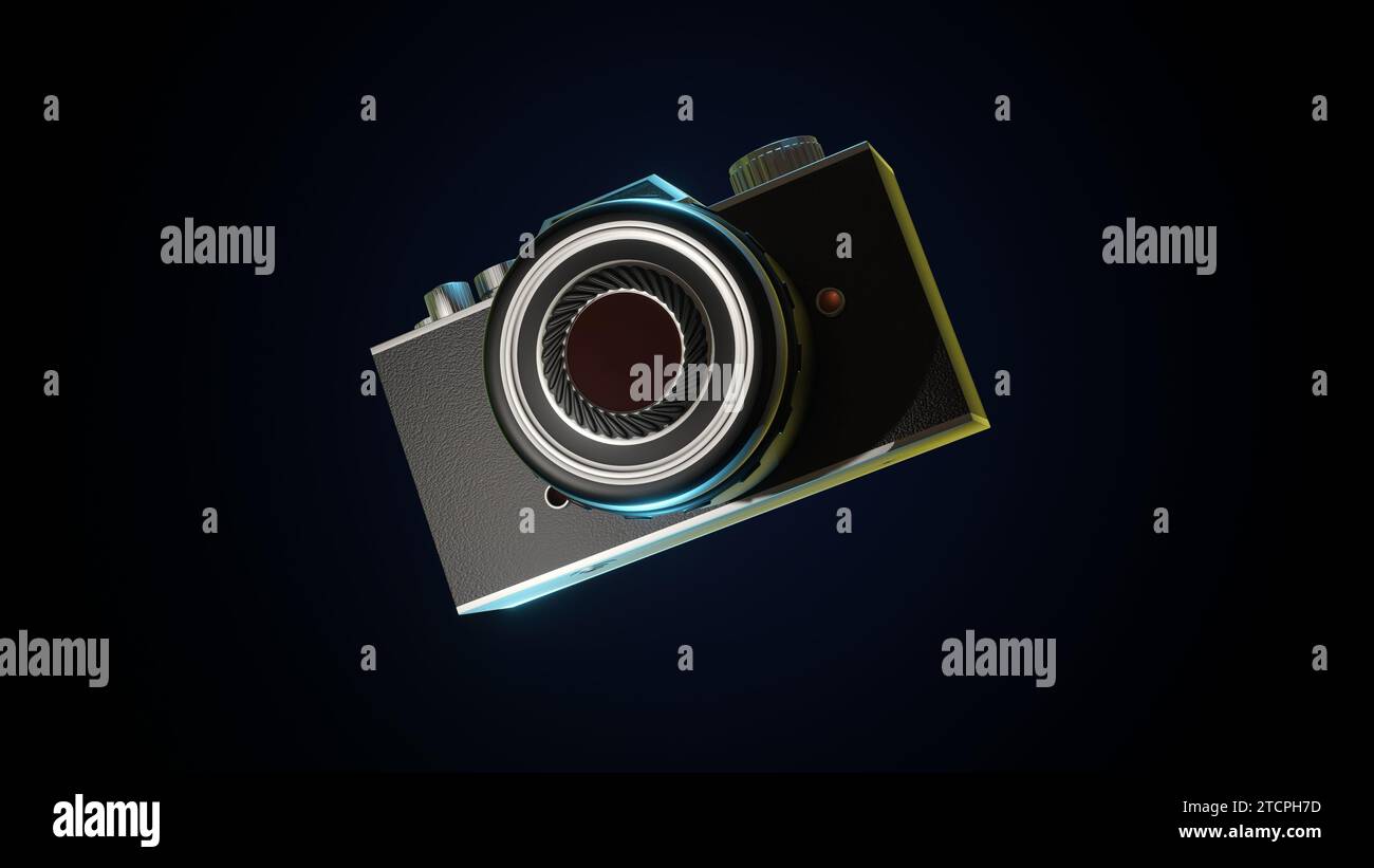 3D rendering of a flashing camera floating in a black background Stock ...