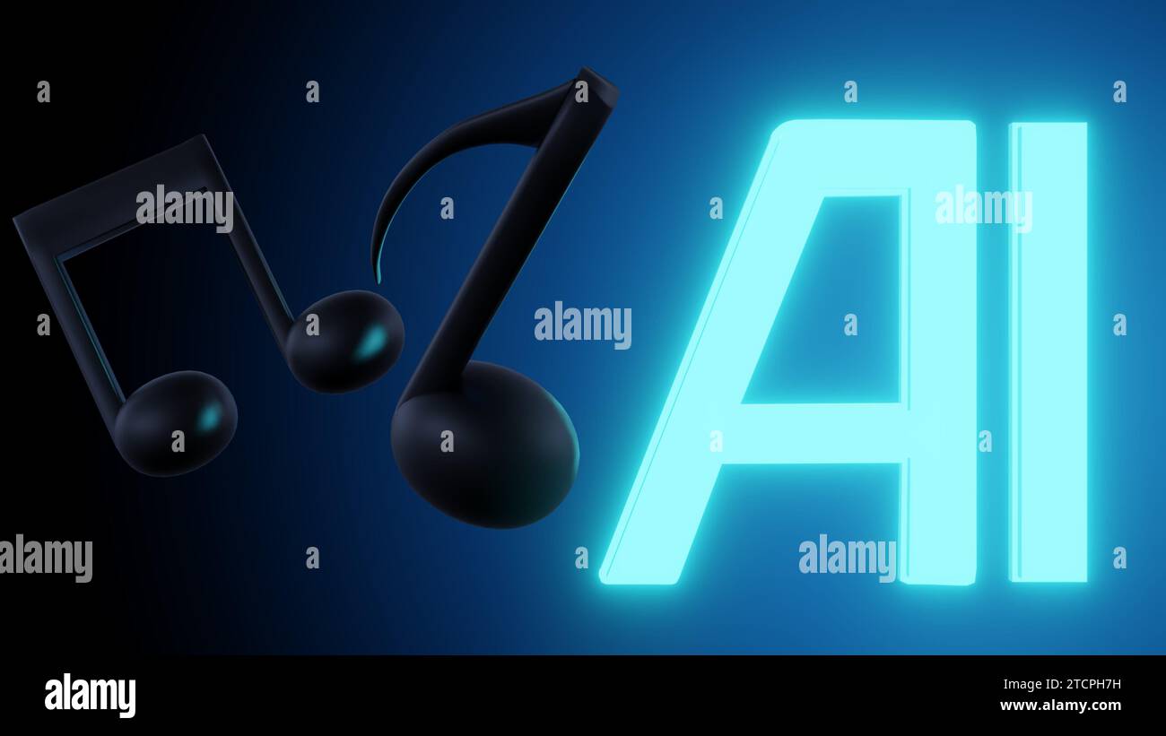 A 3D rendering of glowing AI symbols intertwined with musical notes ...