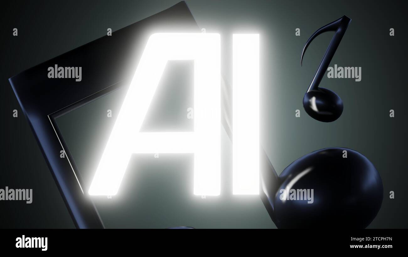 A 3D rendering of glowing AI symbols intertwined with musical notes ...