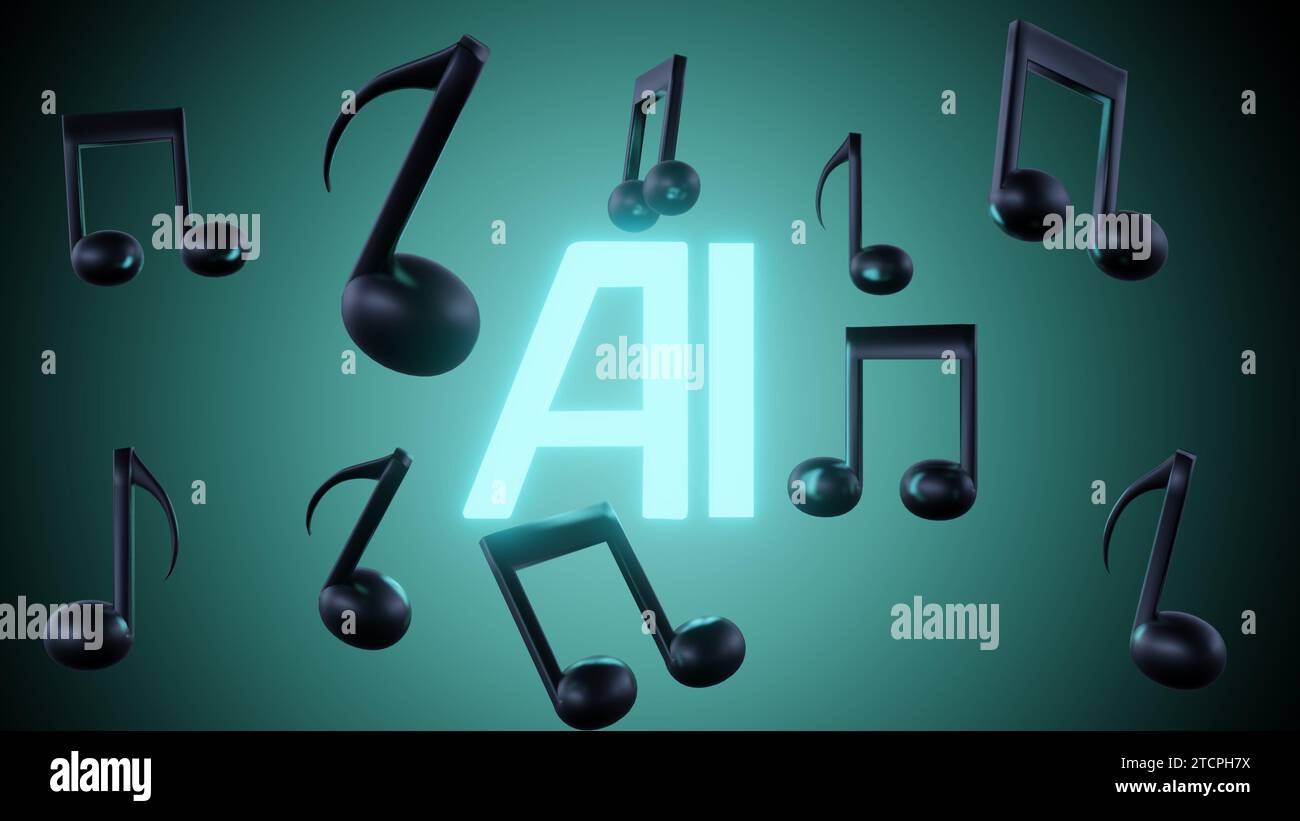 A 3D rendering of glowing AI symbols intertwined with musical notes ...
