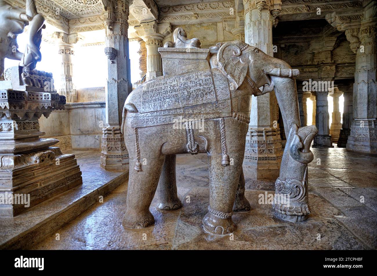 Elephant carved in marble as a memorial at Rranakpur Adinatha Jain ...