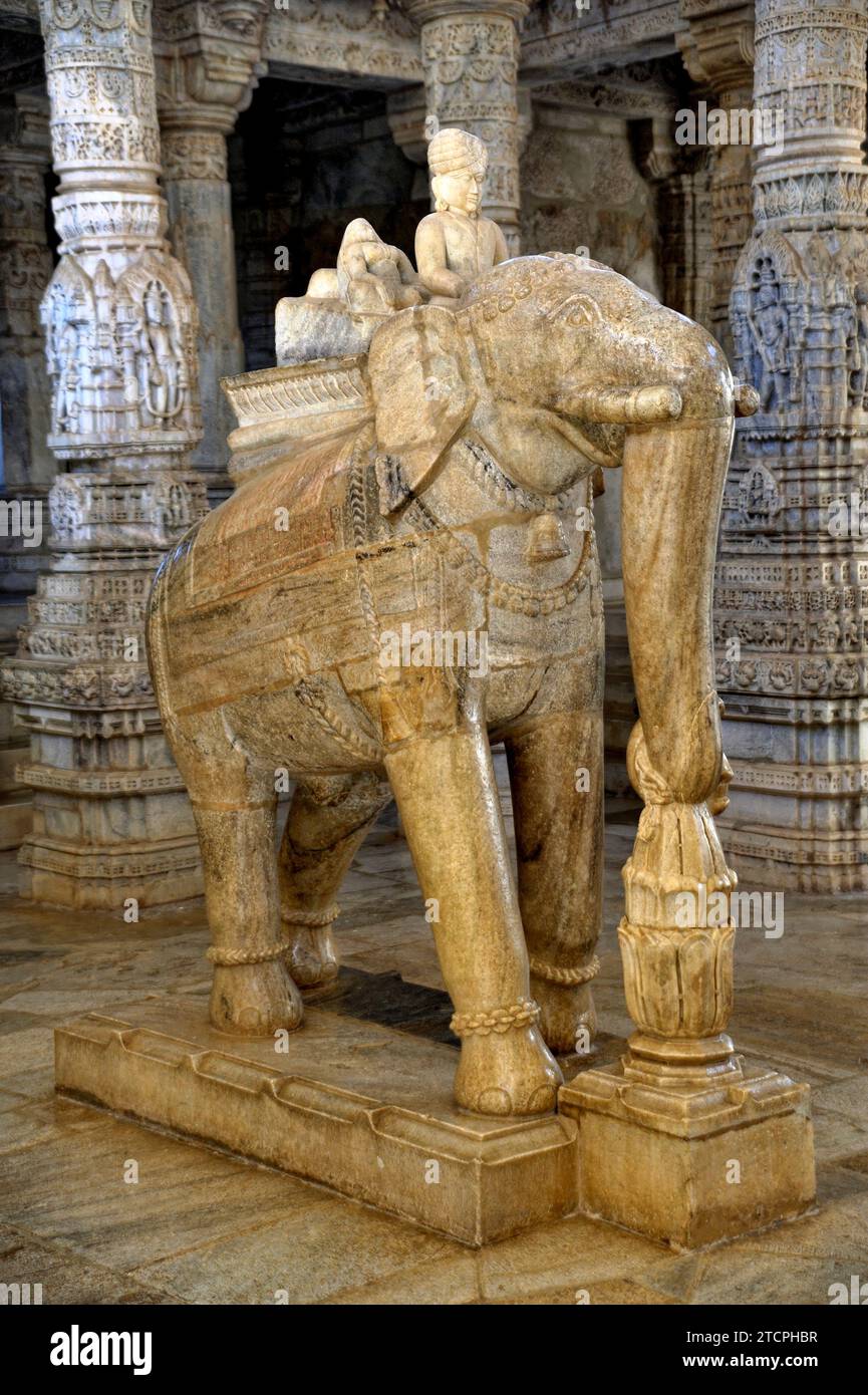 Elephant carved in marble as a memorial at Rranakpur Adinatha Jain ...