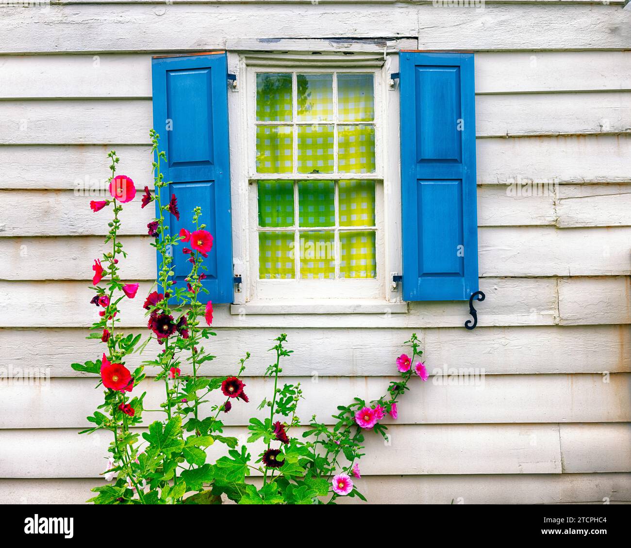Cottage Window with Blue Shutters and Flowers Stock Photo - Alamy