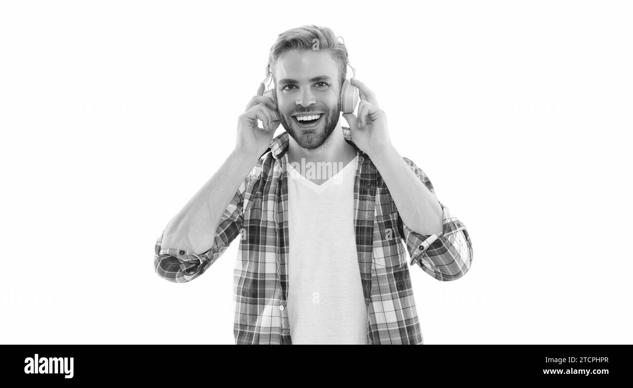 photo of smiling man listen music. man listen music isolated on white ...