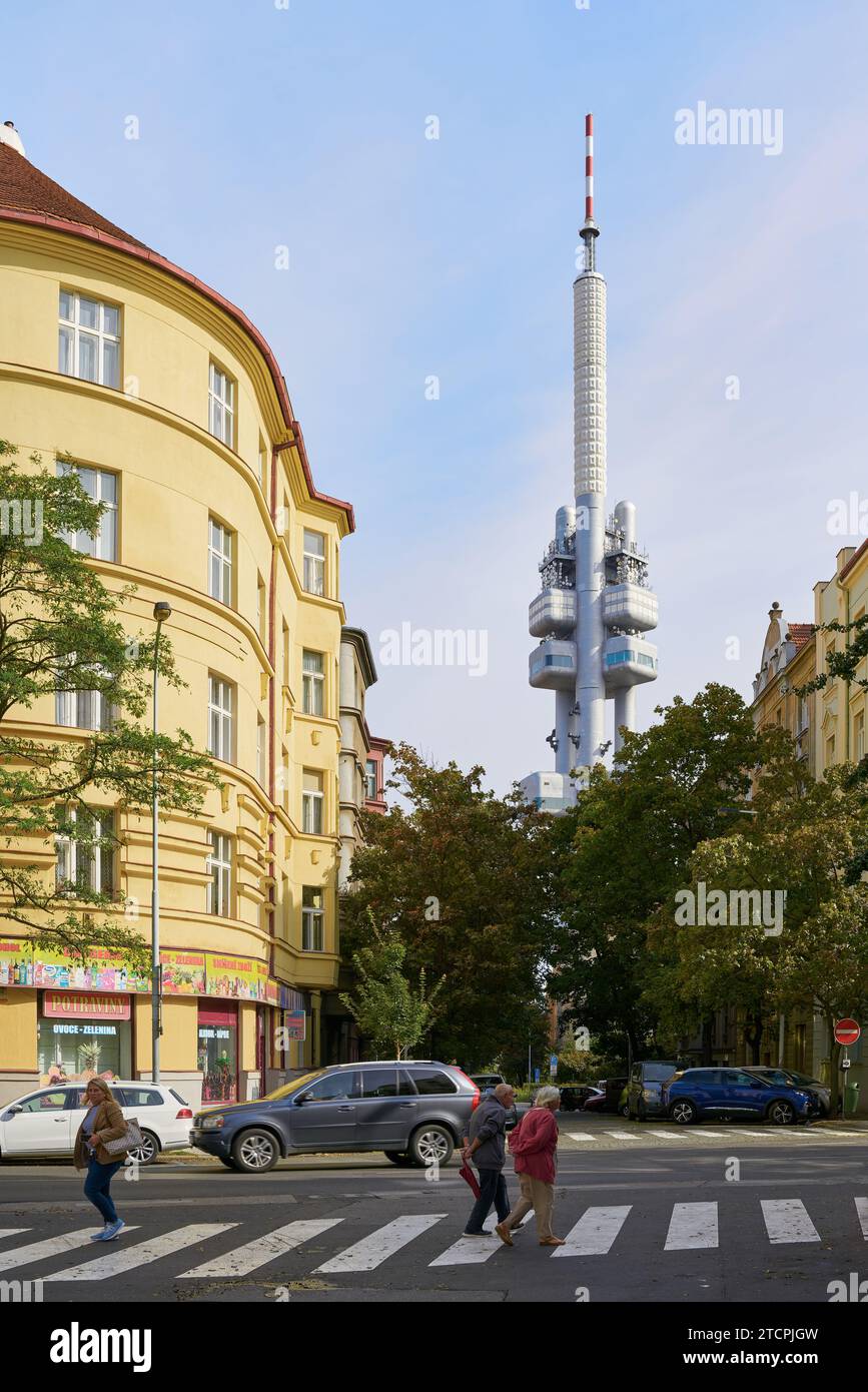 Street scene in Prague's Zizkov district. The television tower in the ...