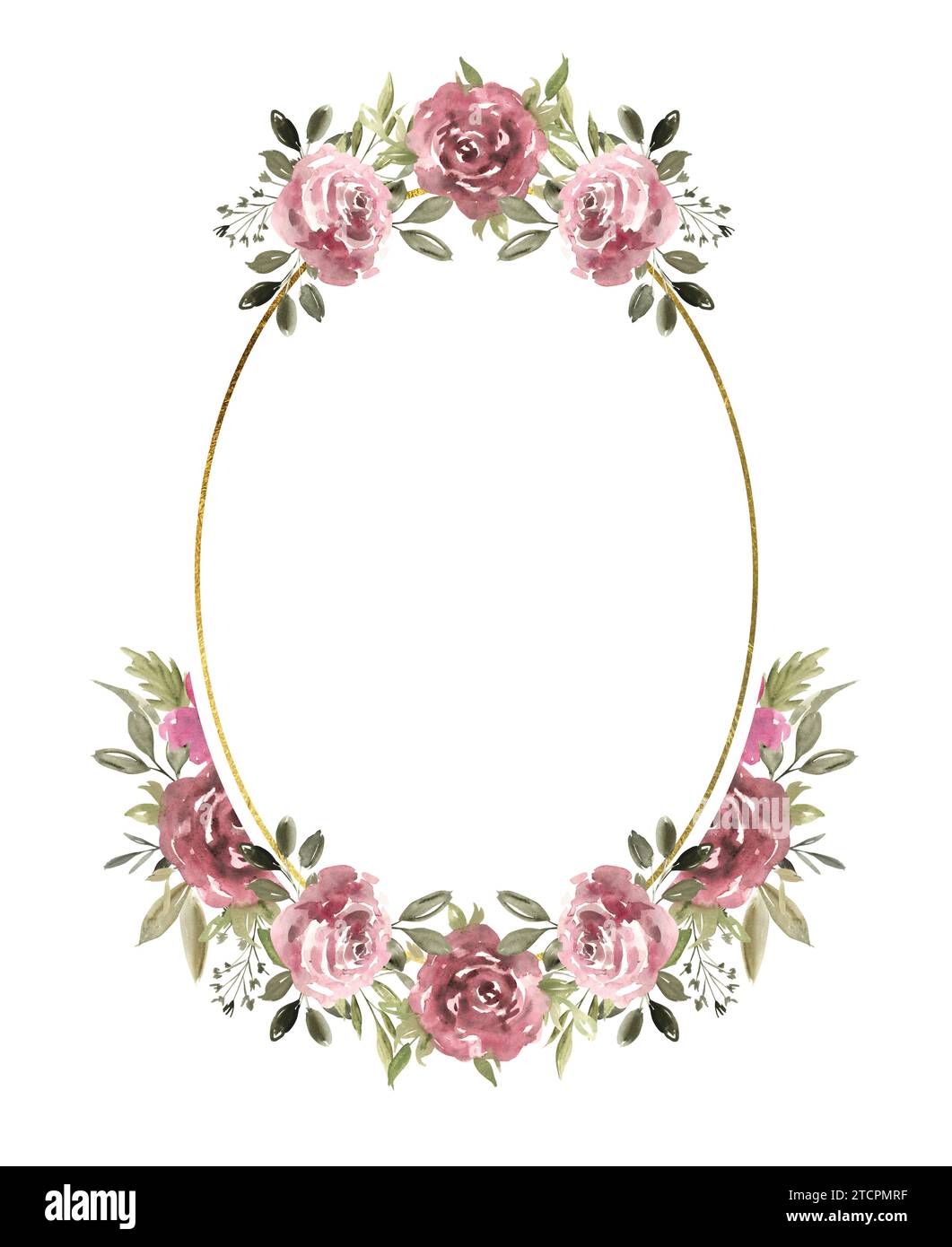 Floral oval frame with beautiful roses and greenery, golden texture ...