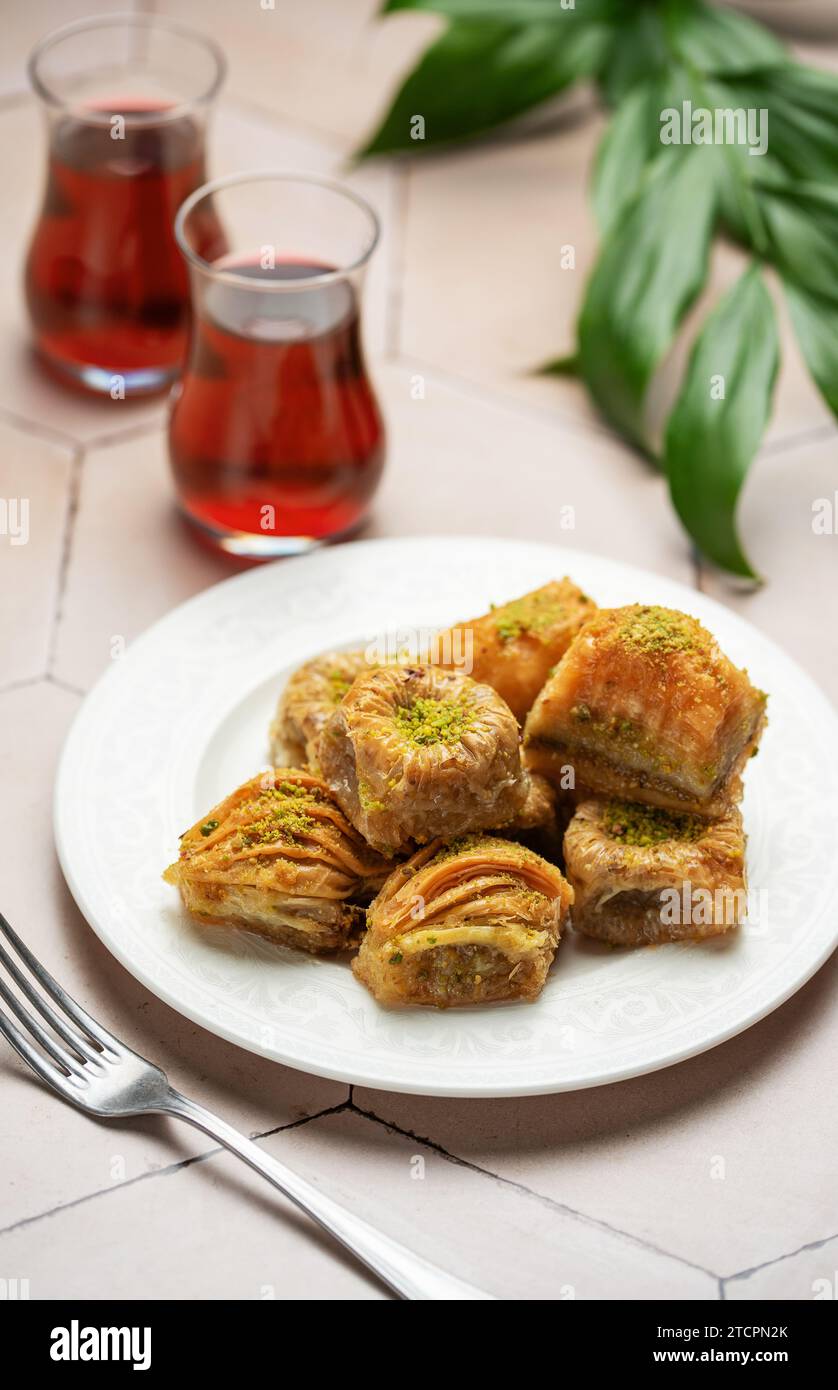Turkish traditional desserts baklava with pistachio nuts Stock Photo ...