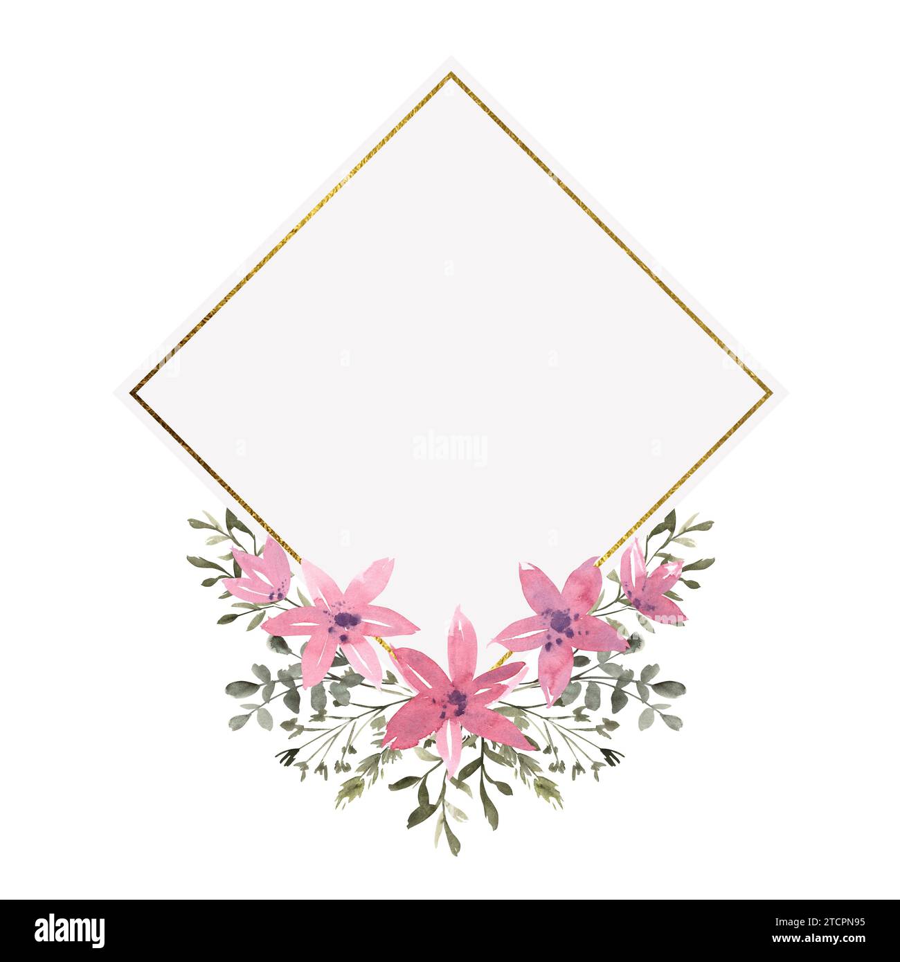 Watercolor floral frame in diamond shape with compositions of pink ...