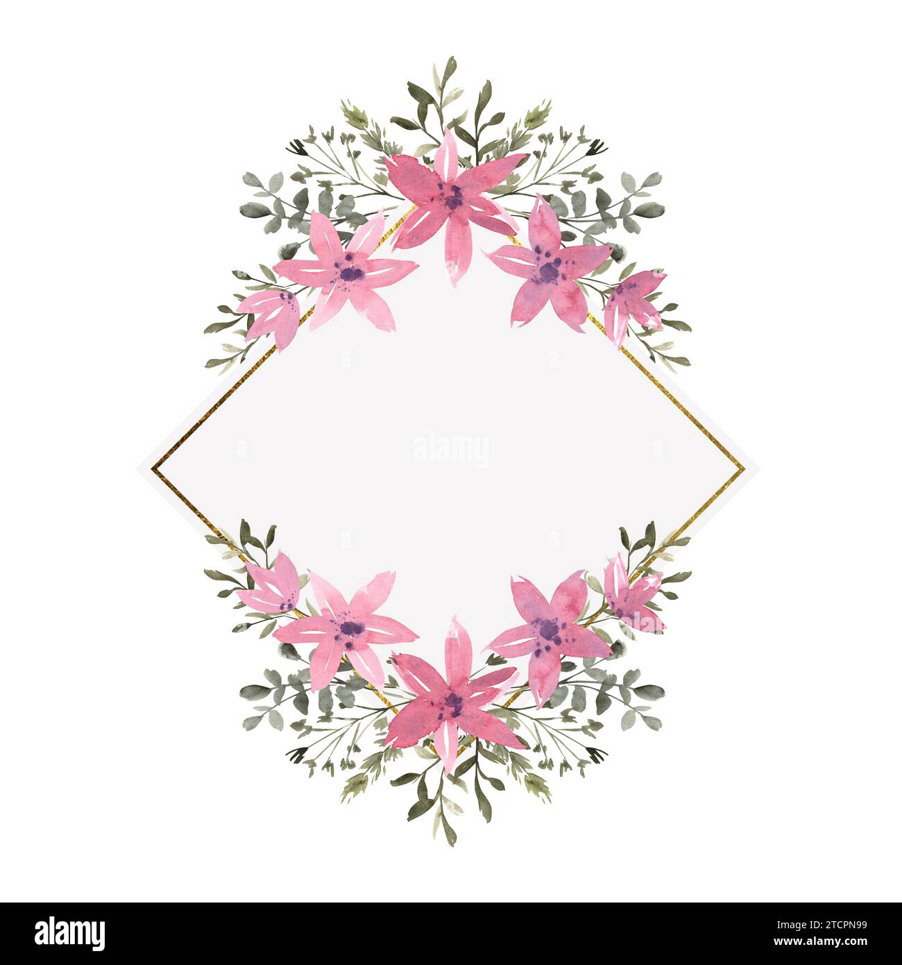 Watercolor floral frame in diamond shape with compositions of pink ...