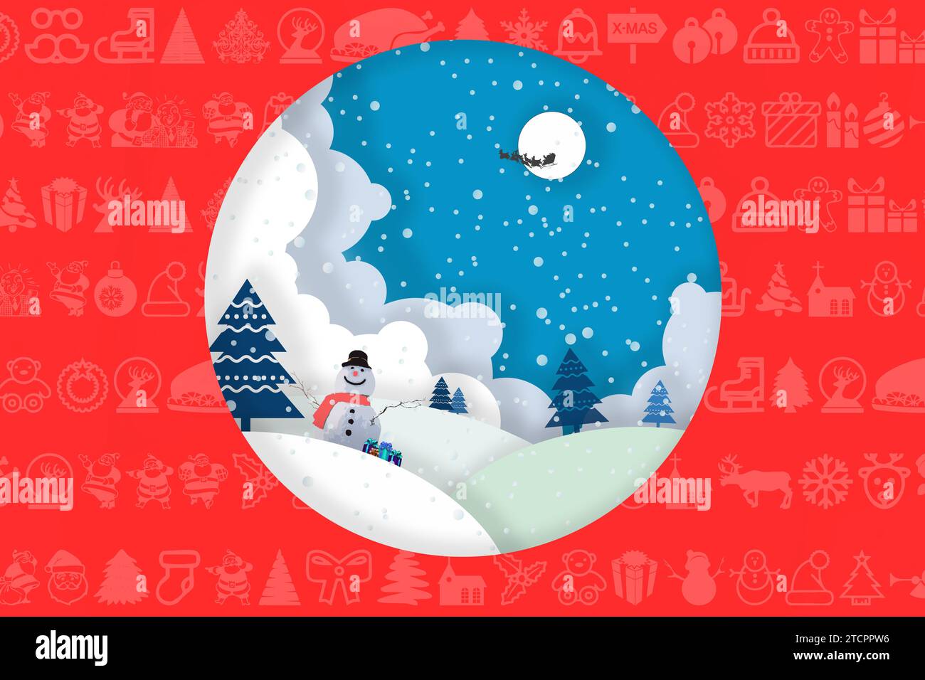 Snowman with hat and scarf isolated on forest and cloud background. 2D ...