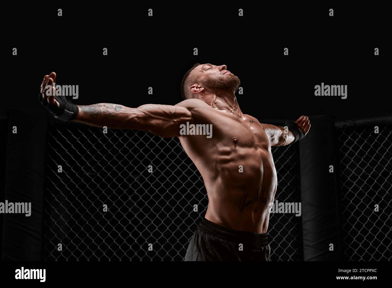 Conceptual image of a kickboxer. A real fighter stands in the real cage ...