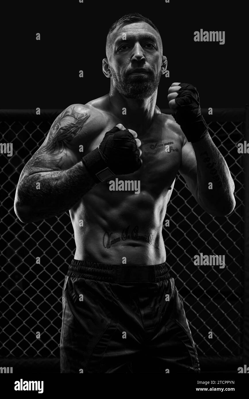 The dramatic black white image of the MMA fighter. Photography in a ...