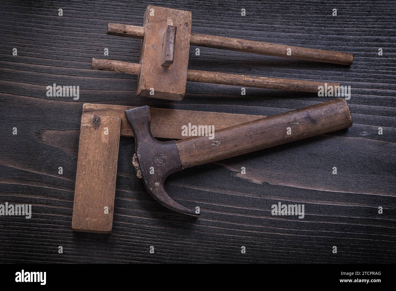 Set of vintage claw hammer square ruler and surface gauges Stock Photo ...