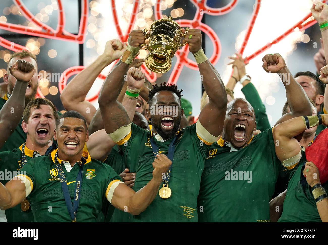File photo dated 28-10-2023 of South Africa's Siya Kolisi lifting the ...