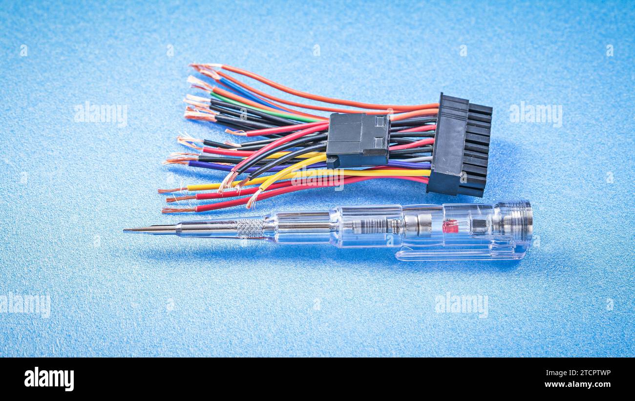 Electrical tester wires on blue background Electricity concept Stock ...