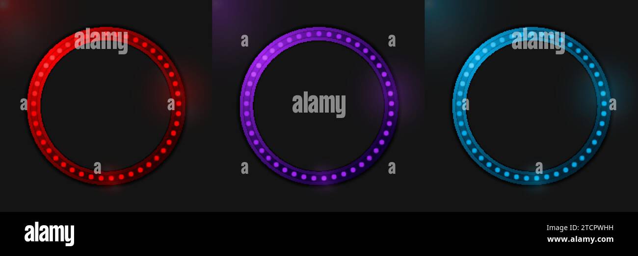Set of round signs with neon glowing retro lights. Abstract background ...